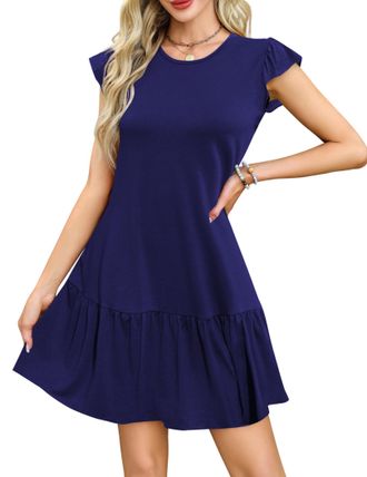 Zeagoo Damen Kleider Sommer Rundhals Strandkleid Rüschen Ärmel Minikleid Leicht Tshirtkleid A-Linie Kleid Blau L