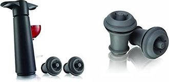 Vacu Vin 09814606 Weinpumpe schwarz mit 2 Stopfen & 08840612 Vakuum Stopfen für Weinpumpe 2er Set grau