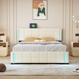 Generic Polsterbett aus Leinenstoff mit LED Beleuchtung Steckdose und 4 Schubladen gepolstertes Einzelbett mit Stauraum Stabiler Rahmen ideal für Jugendzimmer