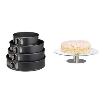 Relaxdays grau-metallic Springform Set, 4-teilig, rund, &Oslash;18/24/26/28 cm, Kuchenbackform & Tortenplatte drehbar, Standfu&szlig;, Kuchenplatte zum Dekorieren, Torten Dr