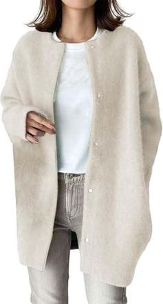 Generic Cardigan long en laine pour femme avec poches avant et revers chaud, blanc, XXL