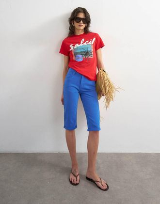 Topshop Bequeme Capri-Jeans aus Stretchstoff in Kobaltblau