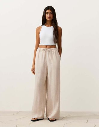 Oysho Pantalon droit 100 % lin &agrave; coutures apparentes - Sable chin&eacute;-Neutral