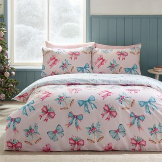 Catherine Lansfield Wende-Bettw&auml;sche-Set mit Weihnachtsschleifen und Glocken, f&uuml;r Doppelbett, mit Kissenbez&uuml;gen, Rosa