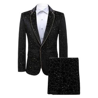 Generic Costume 2 pi&egrave;ces en velours pour homme, coupe ajust&eacute;e, smoking &agrave; un bouton, pour d&icirc;ner, f&ecirc;te, robe formelle, costume &eacute;l&eacute;gant et brillant, Noir, 3XL