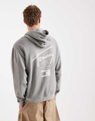 Tommy Jeans Relaxed-Fit-Kapuzenpullover in Grau mit neonfarbenem Signatur-Logo