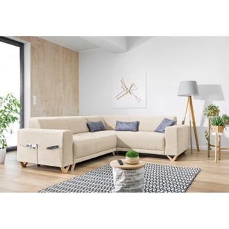 Norrwood home24 Ecksofa Loiz I Beige/Beige Webstoff 245 x 76 x 210cm Schlaffunktion davorstehend links Modern