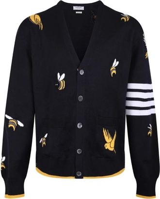 Thom Browne Homme, Pulls, Bleu, Taille: M Cardigan Avec Incrustations DOiseaux Et DAbeilles