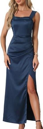 Allegra K Femme Robe en Satin Froncée sur Le Devant, Élégante pour Les Invités De Mariage, Larges Bretelles, Robe Longue Fendue Bleu Marin XL