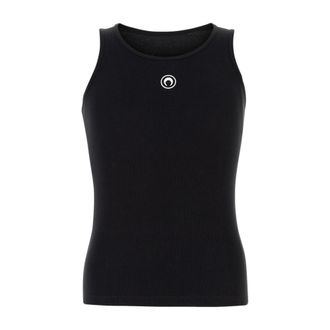 Marine Serre Homme, Tops, Noir, Taille: XL Top Noir Sans Manches C&ocirc;tel&eacute; avec Broderie Lune