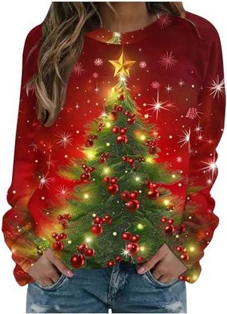 Generic Sweat-shirt pour femme avec motif darbres de Noël - Pull mignon - Confortable - Col rond - Manches longues - Surdimensionné - Mignon - Moche - Fantais