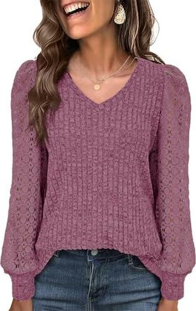 Generic Hauts d&eacute;t&eacute; d&eacute;contract&eacute;s et polyvalents pour femme, couleur unie, col en V, haut en dentelle, chemisiers en tricot c&ocirc;tel&eacute;, &agrave; manches longues, couche de