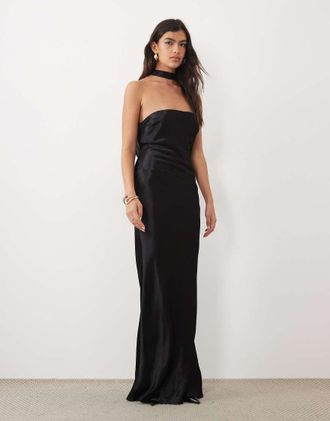 Asos Satin-Maxikleid mit tiefem Wasserfallr&uuml;cken in Schwarz