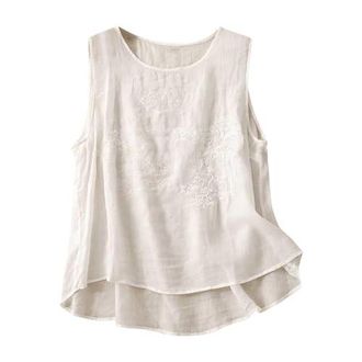 Generic D&eacute;bardeurs en lin pour femme - Broderie vintage - Sans manches - D&eacute;contract&eacute; - Tendance - Pour femme - Chemisier boh&egrave;me, blanc, XXL