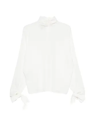 Emporio Armani High-Neck Crepe with Bow-Tie Cuffs Blouse - White