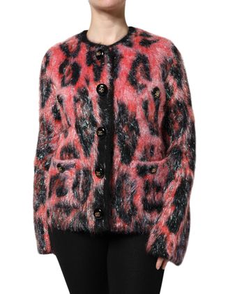 Dolce & Gabbana Womens Mohair-Wool Leopard Print Cardigan Red Angora Polyester Film