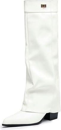 Generic Bottes montantes pour femme - Bout pointu - Talon haut - Large mollet - À enfiler - Chaussures dhiver décontractées, blanc, 39.5 EU