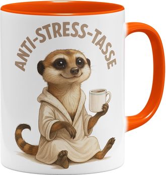 OM3 Erdm&auml;nnchen Anti-Stress Kaffee-Tasse - Lustige Meerkat Keramiktasse mit Tier-Motiv - Keramik Becher - 325ml - Beidseitig Bedruckt - Orange