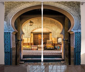 Abakuhaus historisch Rustikaler Vorhang, Altes marokkanisches Motiv, Wohnzimmer Universalband Gardinen mit Schlaufen und Haken, 280 x 175 cm, Beige Blau