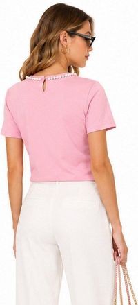 Moschino T-Shirt COUTURE Milano mit Faux Perlen Top Dekorativer Perlenbesatz am Rundhalsausschnitt