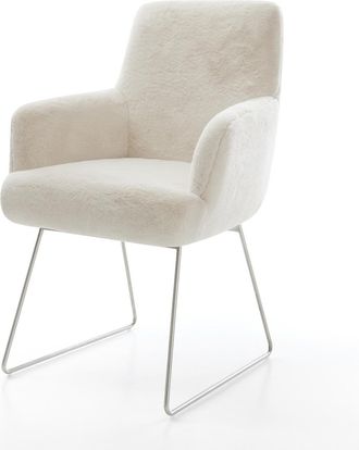 DELIFE Esszimmerstuhl Heira-Flex mit Armlehnen Pl&uuml;sch Creme-Wei&szlig; Kufengestell Edelstahl Taschenfederkern, Esszimmerst&uuml;hle