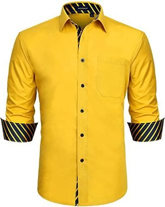 Hisdern Chemise habillée boutonnée pour Hommes Chemise à Manches Longues Formelle boutonnée à Rayures Brunes Mode Smart Regular Fit Chemises Jaunes XXL