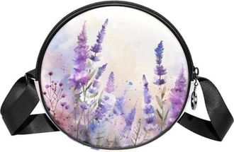 Generic Petit sac &agrave; bandouli&egrave;re circulaire pour femme, petit sac &agrave; bandouli&egrave;re aquarelle lavande avec fermeture &eacute;clair, bretelles r&eacute;glables, sac &agrave; main rond d