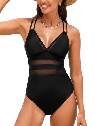 Cupshe Damen Badeanzug V Ausschnitt Netzstoff Zierausschnitte Doppelträger Strandmode Einteilige Bademode Swimsuit Schwarz XL
