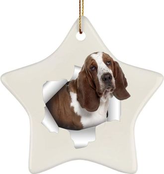 Generic Weihnachtsanhänger Mit Schnur Geschenkanhänger Keramik Weihnachtsschmuck Weihnachtsbaumschmuck Lustiger Basset Hound Weiß Braun Kommt Aus Rissiger Wan