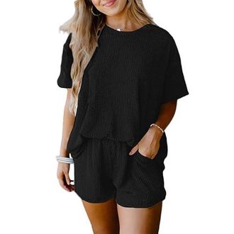 Generic Ensemble 2 pièces pour femme, tricot texturé côtelé décontracté à manches courtes et short, ensemble assorti, Noir, XL