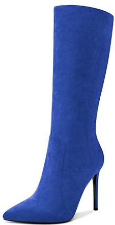 Castamere Femmes Haut High Talon Heel 10 CM Heels Pointu Bout Fermeture à Glissière Mi Mollet Bottes Mariage Bureau Sexy Dress Bottes Bleu A 45 EU