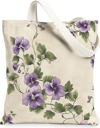 Generic Sac fourre-tout en toile avec fleurs violettes printani&egrave;res pour le shopping, 33 x 38 cm, sac d&eacute;picerie r&eacute;utilisable pour femme, esth&eacute;tique, plage, pe