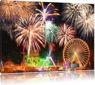 Pixxprint Riesenrad mit Feuerwerk, Größe: 60x40cm, Leinwandbild, fertig gespannt, Wandbild, Dekoration, Kunstdruck, kein Poster