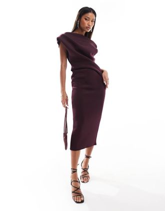 Asos Schulterfreies, plissiertes Midi-Bleistiftkleid in Aubergine mit Faltendetail an der Taille-Lila