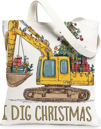 Generic Sacs fourre-tout en toile pour excavatrice de No&euml;l, motif chargeur fantaisie, sacs d&eacute;picerie r&eacute;utilisables, festifs, l&eacute;gers et lavables &agrave; l&eacute;paule S, b