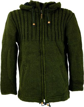 Guru Shop Strickjacke Wolljacke Nepaljacke Olive - Modell 2, Herren, Wolle, Size:XXL