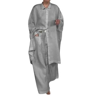 Generic Ensemble de surv&ecirc;tement d&eacute;contract&eacute; en coton et lin pour femme - Chemise de couleur unie - Pantalon large - Combinaison de loisirs pour femme, gris, X