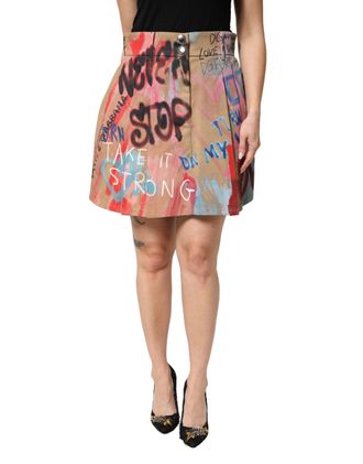 Dolce & Gabbana Womens Beige Graffiti Print Cotton Blend Mini Skirt Polyester