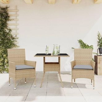 vidaXL 3-tlg. Garten-Essgruppe mit Kissen Beige Poly Rattan und Glas - Vidaxl