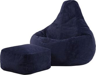 Icon Brand Dalton Sitzsack mit Hocker Cord, Marineblau, Gaming Sitzsack Erwachsene mit F&uuml;llung, Bean Bag, Cord Sessel, Lounge Sessel, Lounge Stuhl, Schlafzimmer,