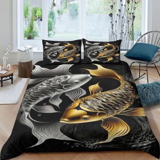 Generic Bettwäsche 3-Teiliges Set Mit Reißverschluss, Weich Glatt Mikrofaser 3D Print Bettbezug 2 Kissen Shams Tier E Fische - Hypoallergene Tagesdecke - Für 