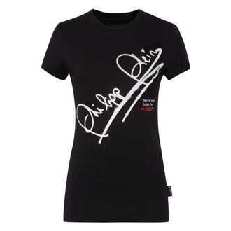 Philipp Plein Femme, Tops, Noir, Taille: 36 FR T-Shirt Col Rond Signature