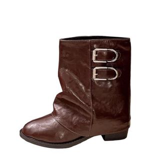 Generic Bottes de veau larges pour femme en similicuir &eacute;l&eacute;gant avec boucle de couleur unie et talon &eacute;pais - Bottes d&eacute;contract&eacute;es &agrave; enfiler - Bottes dhiver dex