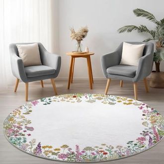 Generic Cr&egrave;me Tapis Art D&eacute;co Rond Antid&eacute;rapant, Minimaliste Fleurs Plantes Motif Doux Tapis Poils Courts pour Salon Couloir Chambre Cuisine Descente de Lit - 