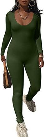 Onsoyours Combinaison de Yoga Moulante en Tricot Côtelé à Manches Longues et Col Carré pour Femme Couleur Unie Jumpsuits Combi Vetement de Sport B Armée Verte X