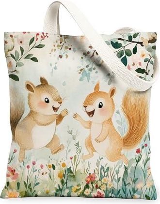 Generic Sac fourre-tout en toile motif &eacute;cureuil printanier pour le shopping, 33 x 38,1 cm, sac d&eacute;picerie r&eacute;utilisable pour femme, peinture animale, d&eacute;coration