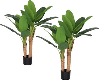 HOMCOM Künstlicher Bananenbaum 2er Set groß 120 cm Kunstpflanze, Künstliche Pflanzen Bananenbaum wie echt mit Topf, Kunstmoos, Kunstgras für Wohnzimmer Schla