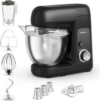 Moulinex Bake Partner, Robot pâtissier, Puissance 1100 W, Bol inox 4,6L, Batteur, Fouet, Pétrin, Blender, Découpe-légumes, Résultat homogène, Noir, QA522810
