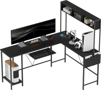 HOMCOM Modularer Eckschreibtisch, umkehrbar, Schreibtisch mit Stauraum 160-240 cm im Industriestil - Steckdose und USB-Anschluss, Regale und Tastaturablage, 
