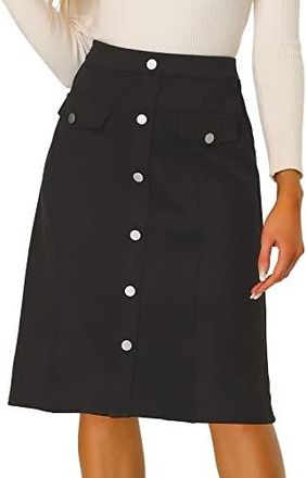Allegra K Jupe en daim pour femme, longueur genou, boutonnée sur le devant, poches taille haute, jupe trapèze décorative, Noir, 44